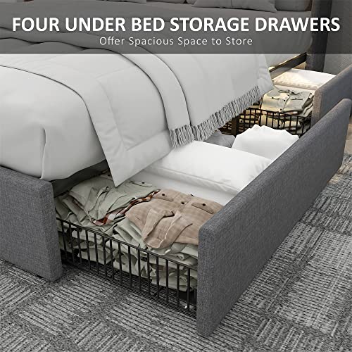 AMERLIFE King Bed Frame with RGBW LED Lights Headboard & 4 Storage Drawers, Upholstered Smart Platform Bed with USB & USB-C Ports, Box Spring Optional, Light Grey