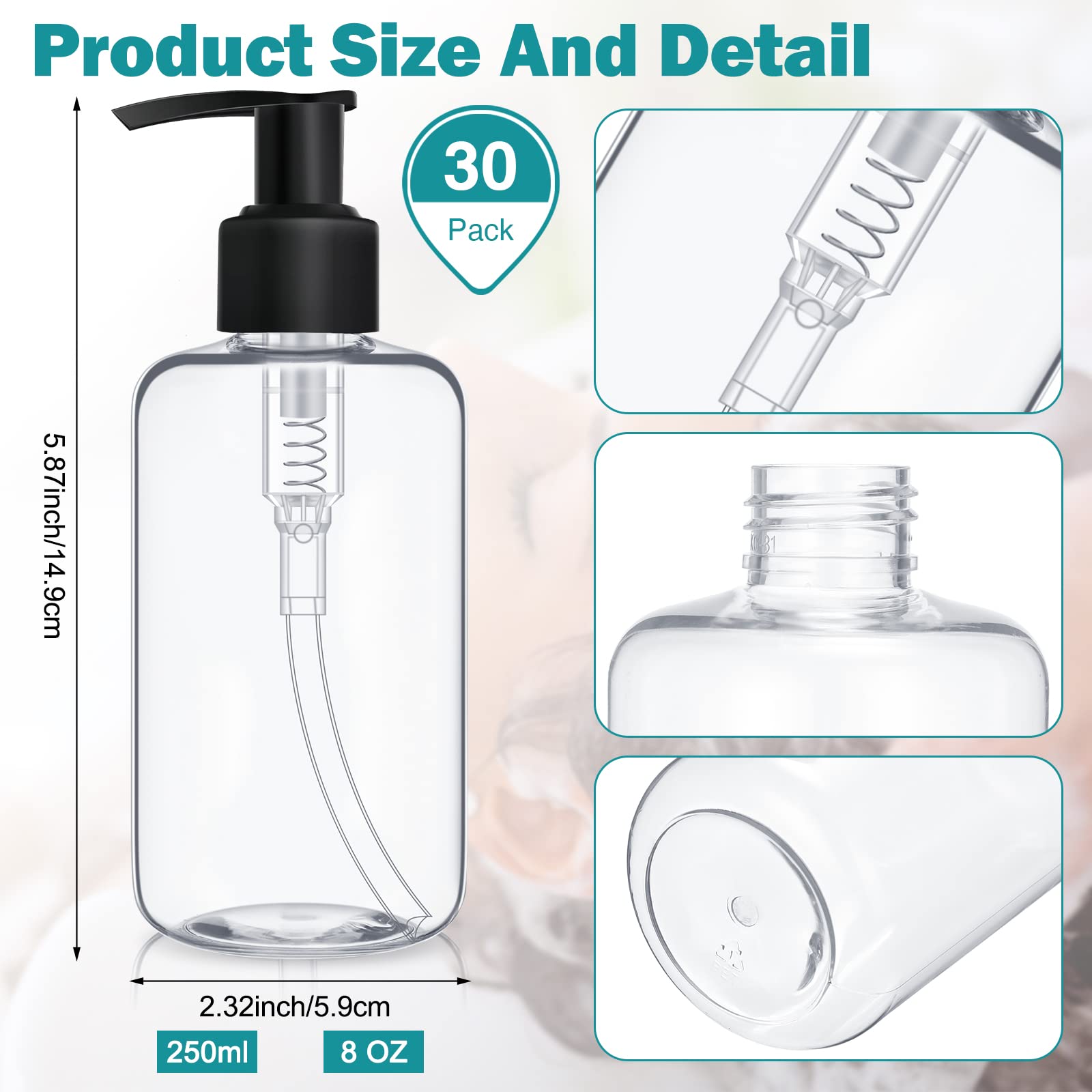 30 Pieces 8 oz Clear Plastic Pump Bottle Dispenser Empty Lotion Bottles Hand Dish Dispenser Refillable Container Black White Pumping for Shampoo Conditioner Body Wash Cream Liquid Soap