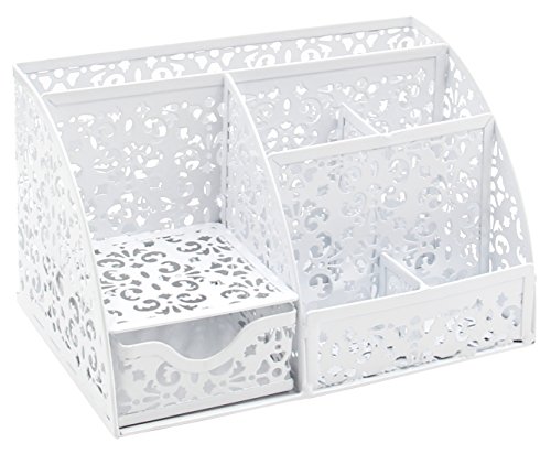 EasyPAG Desk Organizer Caddy with 6 Compartments and 1 Sliding Drawer Desktop Accessories Office Supplies Holder for Home School Classroom,White