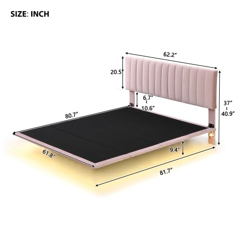 anwickjeff Modern Queen Size Velvet Upholstered Bed Frame with Smart Led Light and Headboard, Floating Bed Frame Queen Size for Kids, Smart Bed, Bedroom Sets (Pink)