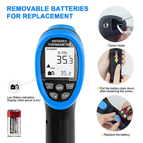 HOLDPEAK HP-985B Infrared Thermometer Non-Contact, -58℉~2480℉ (-50℃~1360℃), Dual Laser Digital IR Thermometer Gun with Adjustable Emissivity for Forge Melting Furnace Kilns Industry 【NOT for Human】