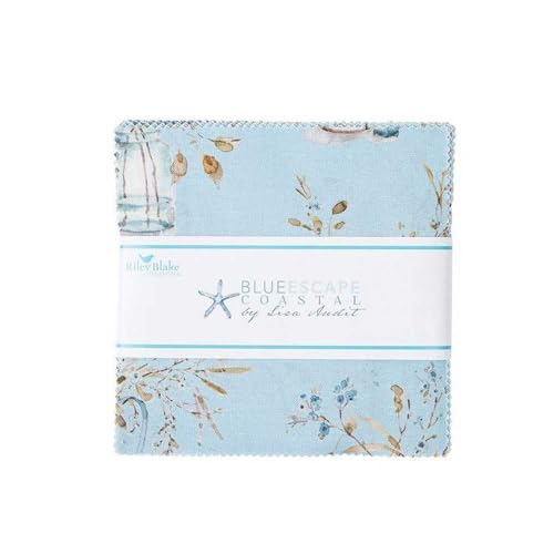 Blue Escape Coastal Riley Blake 5-inch Stacker, 42 Precut Fabric Quilt Squares by Lisa Audit, Assorted