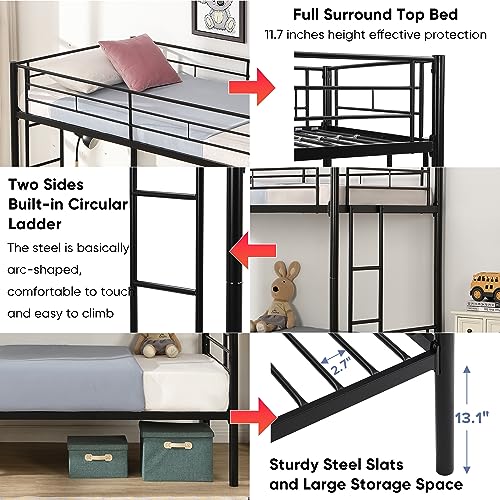 Anwickmak Twin Over Twin Bunk Bed with Ladder and Full-Length Guardrail, Metal Frame Bunk Bed for Kids/Teens/Adults, No Box Spring Needed (Black)