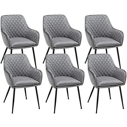 Yaheetech Dining Chairs Velvet Accent Armchairs Living Room Chairs with Steel Legs Upholstered Modern Tub Chairs with Backrest Armrest for Lounge Living Room Dining Room, Set of 6, Gray