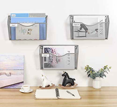 EasyPAG Mesh Wall File Holder 3 Pockets Hanging File Folder Organizer for Home and Office with Nametag Label, Silver