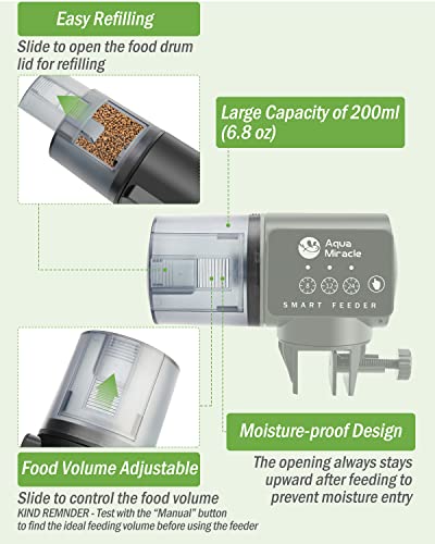 AquaMiracle Automatic Fish Feeder for Aquarium, Fish Feeder Automatic Dispenser with Timer Fish Food Timer Fish Food Vacation Feeder Auto Fish Feeder, for Granules Pallets Strips, Volume Adjustable