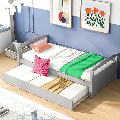 Anwickmak Wooden Twin Daybed with Trundle, Trundle Bed Twin, Modern Platform Day Beds Frames for Kids,Teens,Boys,Girls,Solid Wood Slat Support,Noiseless,No Box Spring Needed,Easy Assemble (Grey)
