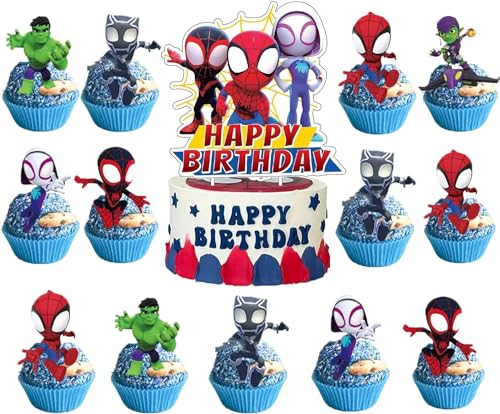 25PCS Spidey and His Amazing Friend Cup Cake Topper for Kids Birthday Superhero Themed Cake Decorations