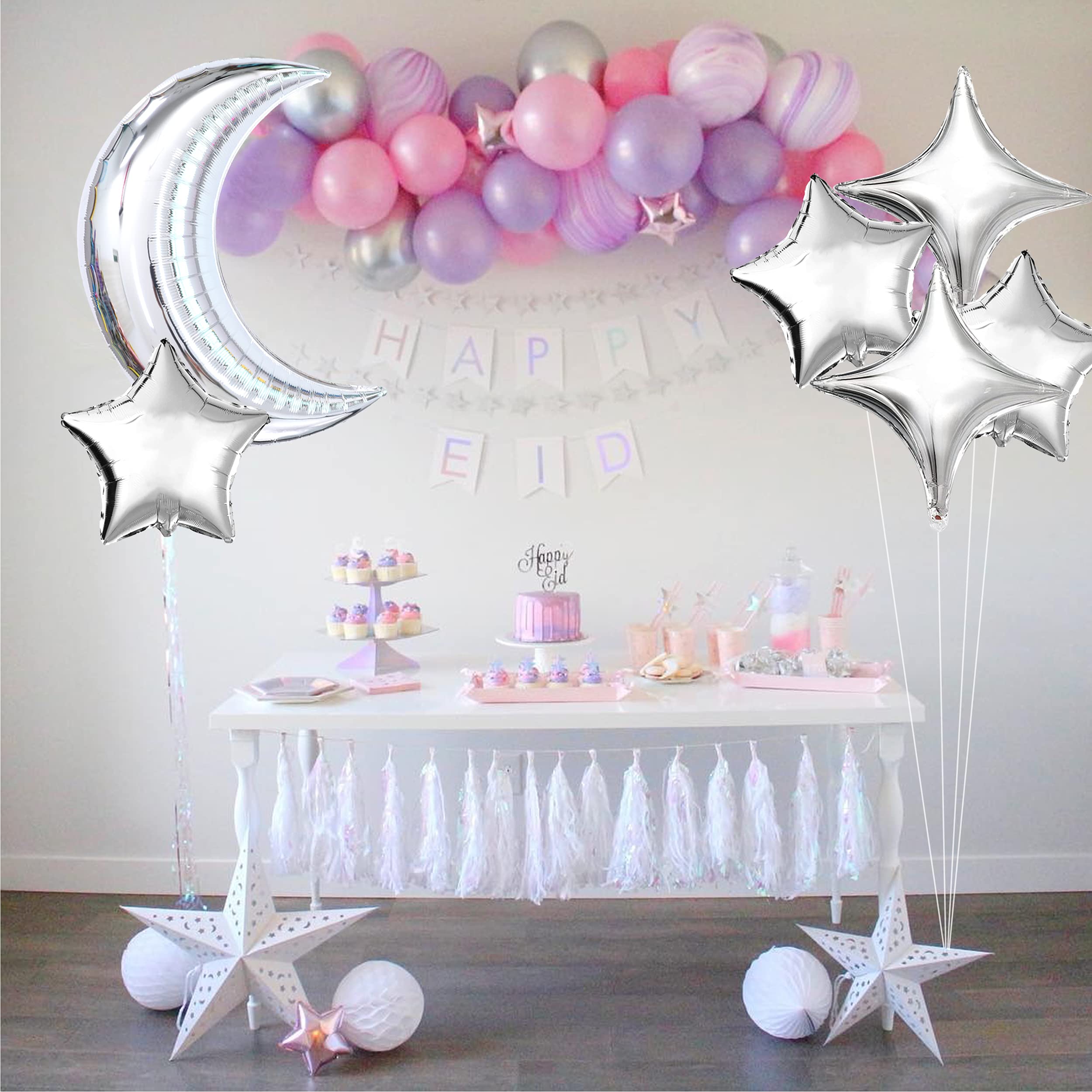 42pcs Silver Star Balloons Silver Moon Balloons Star Balloons Metallic Moon and Star Balloons for Ramadan Eid Mubarak Decorations Graduation, Baby Shower, Space Birthday Party Decorations Supplies
