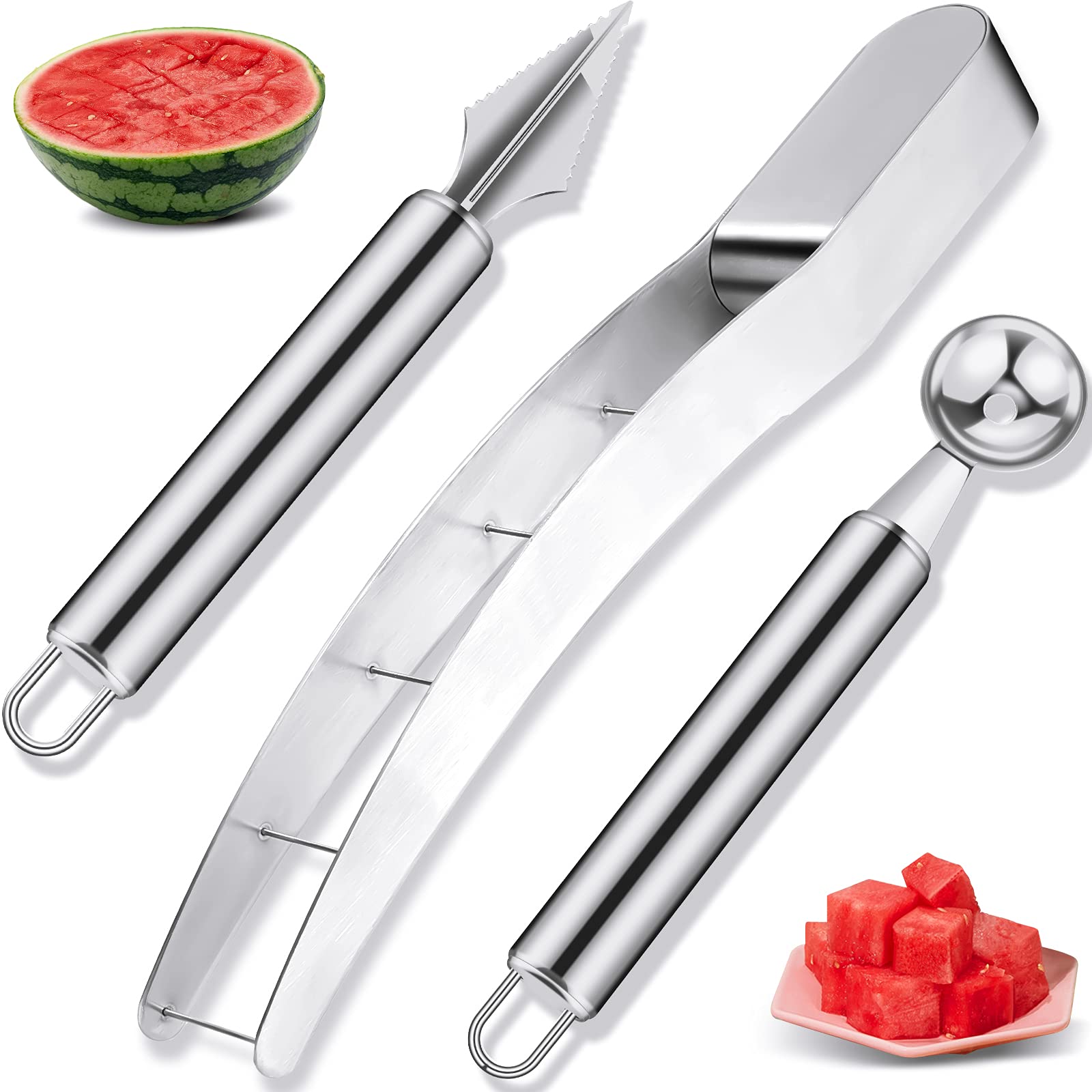 3 Pieces Watermelon Cutter Slicer Tools Stainless Steel Watermelon Cube Cutter Quickly Safe Watermelon Knife Fruit Digging Spoon Fruit Carving Tools for Kitchen Gadget