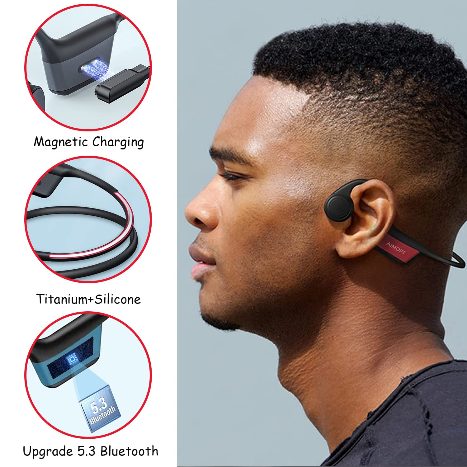 Aimopt Bone Conduction Headphones,Open Ear Headphones Wireless Bluethooth 5.3 Running Headphones,IPX6 Waterproof Bluetooth Headset for Workouts, Night Running, Cycling, Driving (Red)