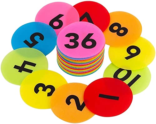 AIEX 36 Pack Carpet Spot Markers Nylon Carpet Markers Circles Marker Dots with Numbers 1 to 36 for Kindergarten Preschool Kids and Teachers (6 Colors)
