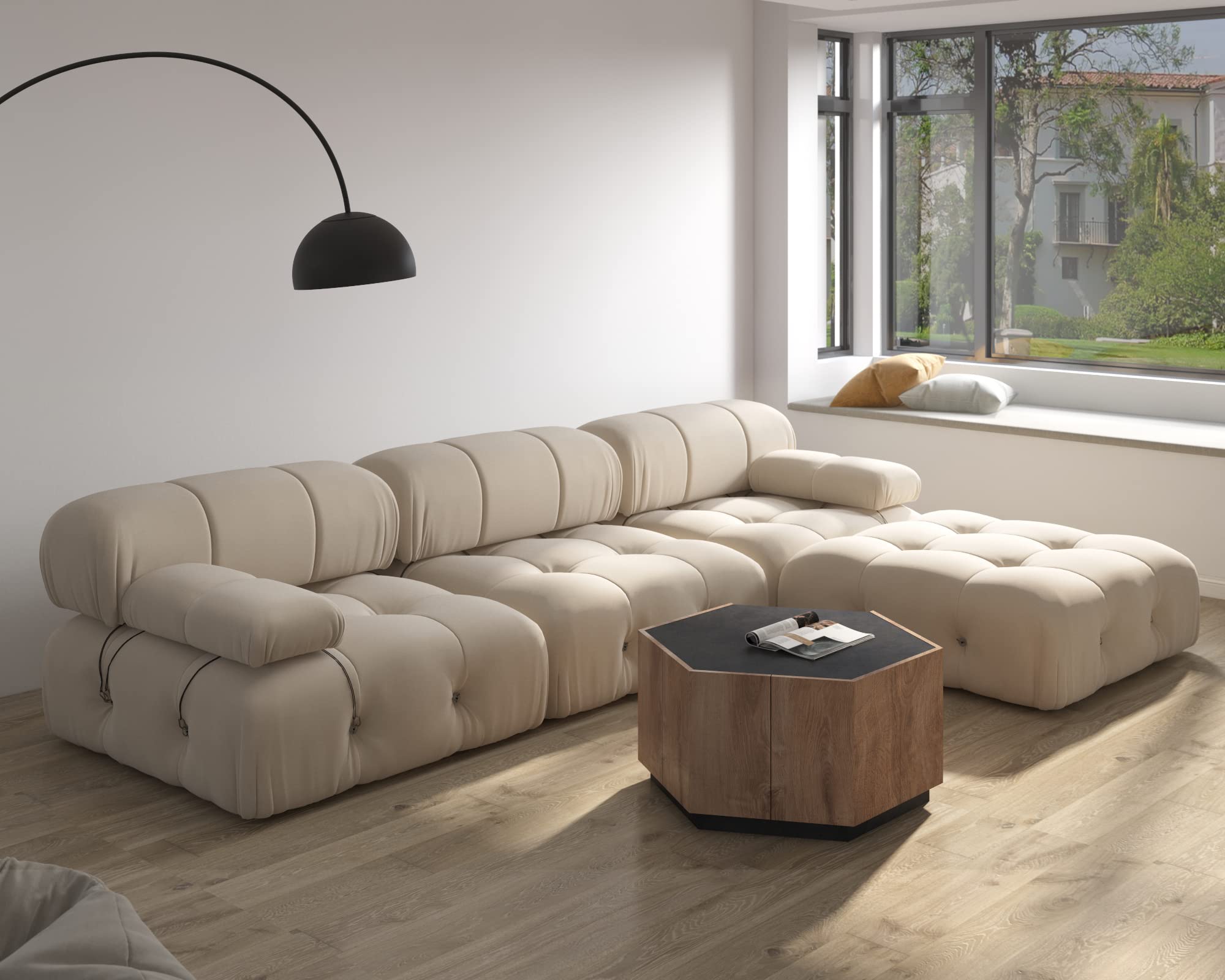 Sdorens Modern Velvet Sectional Sofa, L Shape Minimalist Modular 4-Seater Sofa with Ottomans for Living Room Office Apartment (104in/Beige)