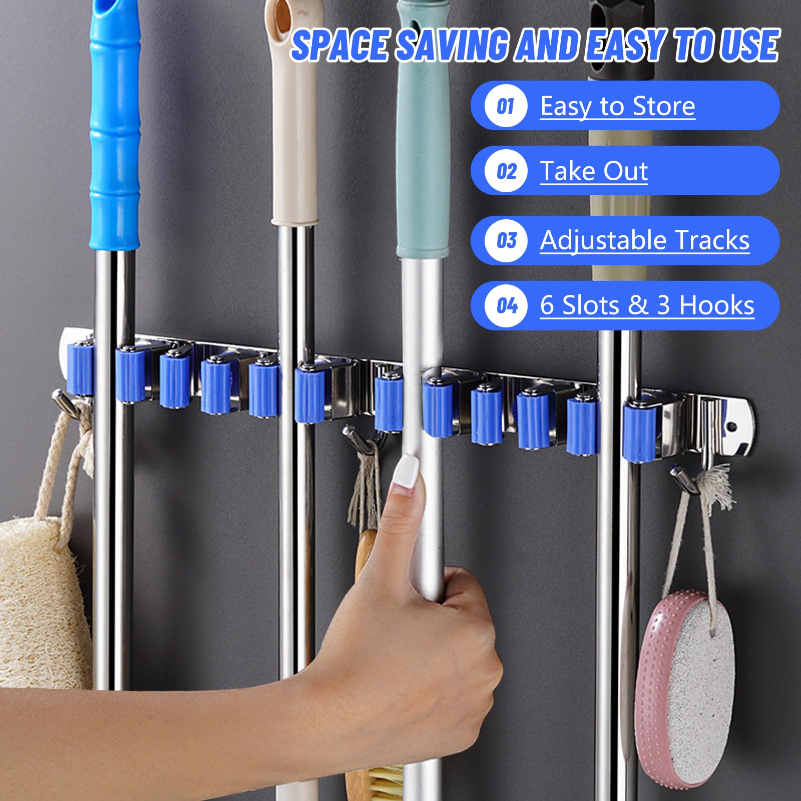 Mop Broom Holder Wall Mounted,6 Racks 3 Hooks Heavy Duty Stainless Steel Broom and Mop Hangers,Garage Storage Rack & Garden Tool Organizer, Self-adhesive/Screw Drilling