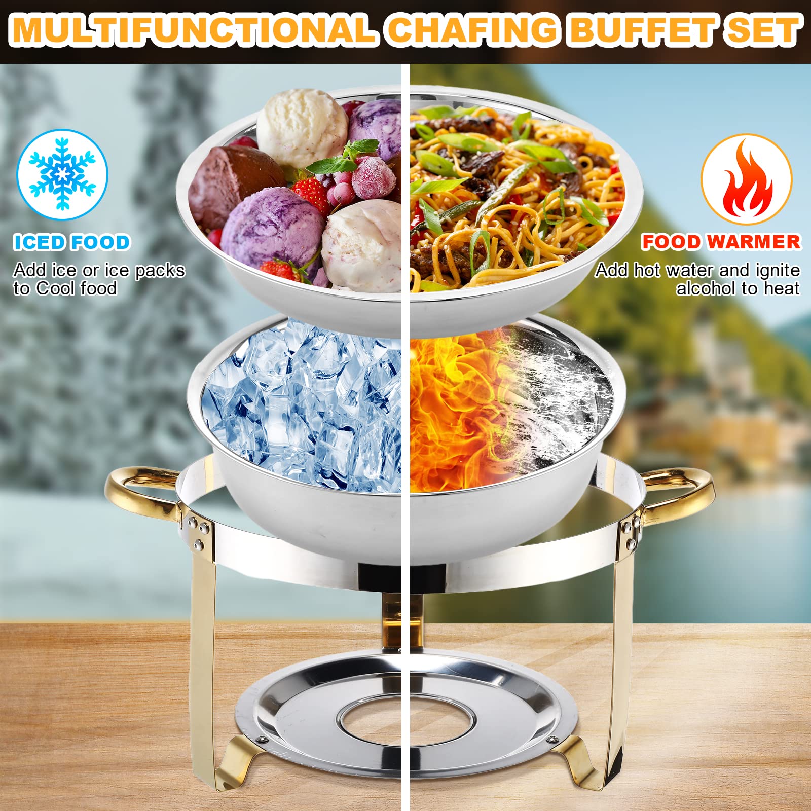6 Pcs Chafing Dish Buffet Set with 6 Tongs, Stainless Steel Food Warmer Set, 3.7 Qt Round Buffet Server Catering Chafer Warmer with Lid for Birthday Wedding Parties, Catering, Banquets, Events