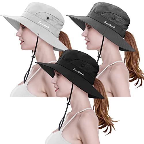 3 Pieces Womens Ponytail Wide Brim Sun Hat Packable UV Protection Beach Cap for Fishing & Hiking(Black&Gray&Pure Beige)