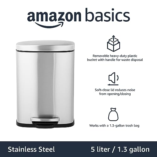 Amazon Basics Smudge Resistant Small Rectangular Trash Can With Soft-Close Foot Pedal, Brushed Stainless Steel, 5 Liter/1.3 Gallon, Satin Nickel Finish