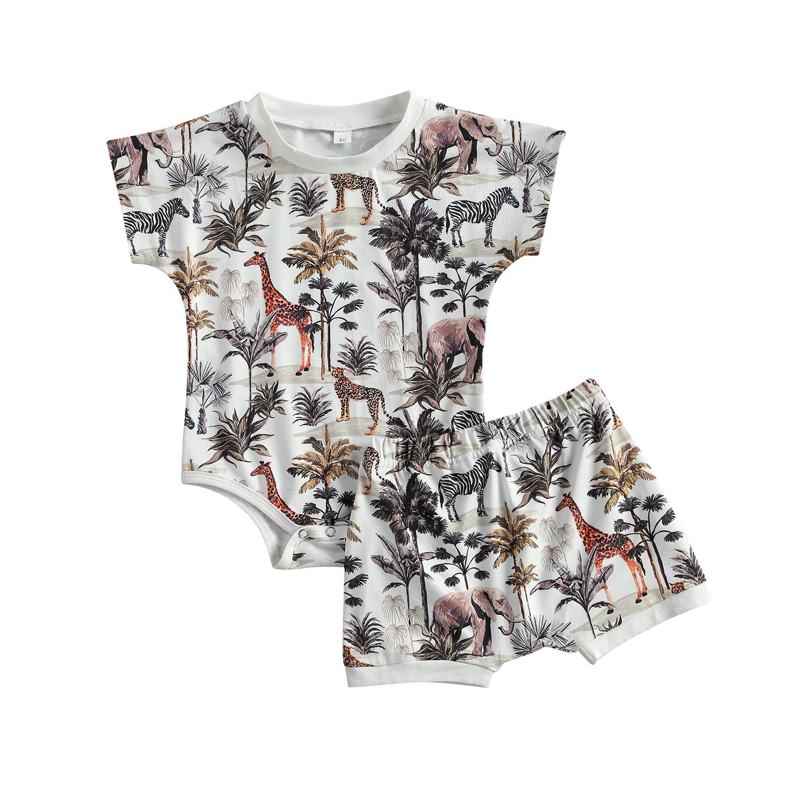 Toddler Baby Boys Summer Clothing Sets Forest Animal Print Romper Short Sleeve Bodysuit Tops and Shorts 2PCS Outfit (White, 12-18M)