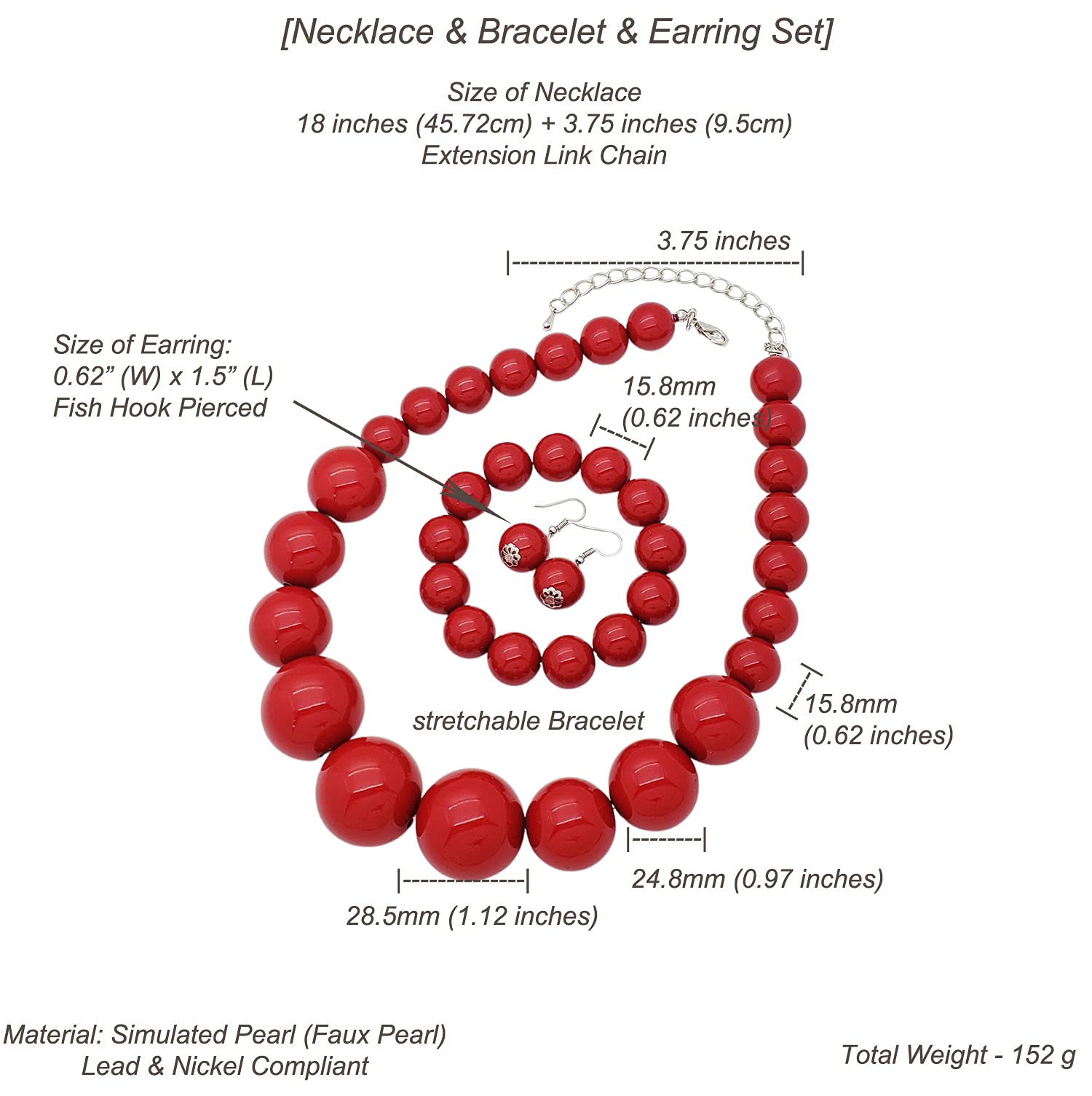 BA UNIQUE FASHION Women's Chunky Large Simulated Pearl Statement Necklace, Bracelet, Earring Set (Barn Red)