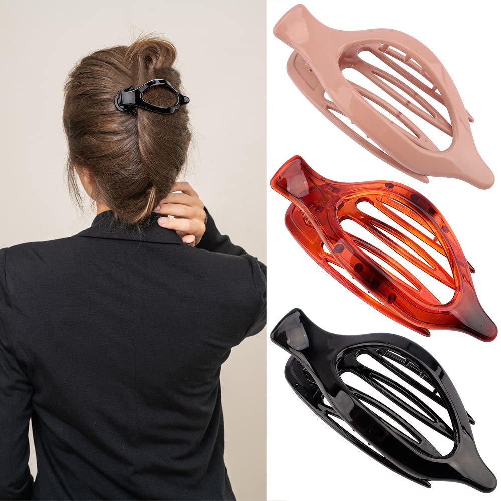 ATODEN Flat Alligator Hair Clips 3Pcs - 4.52" Duck Billed Medium Hair Claw Clips and Barrettes, Hair Accessories Clamps Jaw Clips Gifts