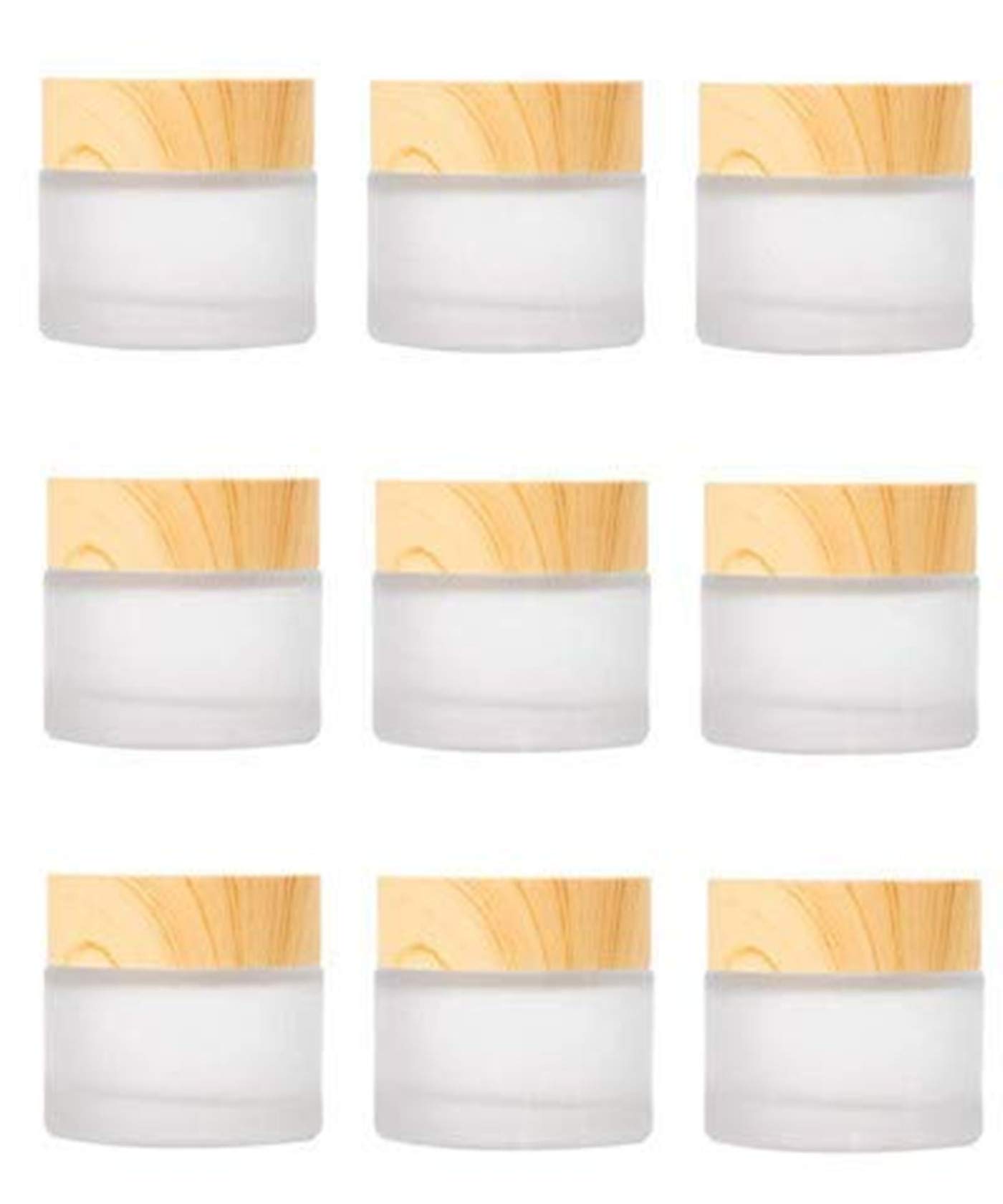 Healthcom 10 Pack 10 Grams/10 ML Empty Jars Round Frosted Glass Cosmetic Cream Jar Bottle with Wood Grain Lid Cosmetic Containers Refillable Glass Face Cream Box Pot for Makeup Lip Balms Eyeshadow
