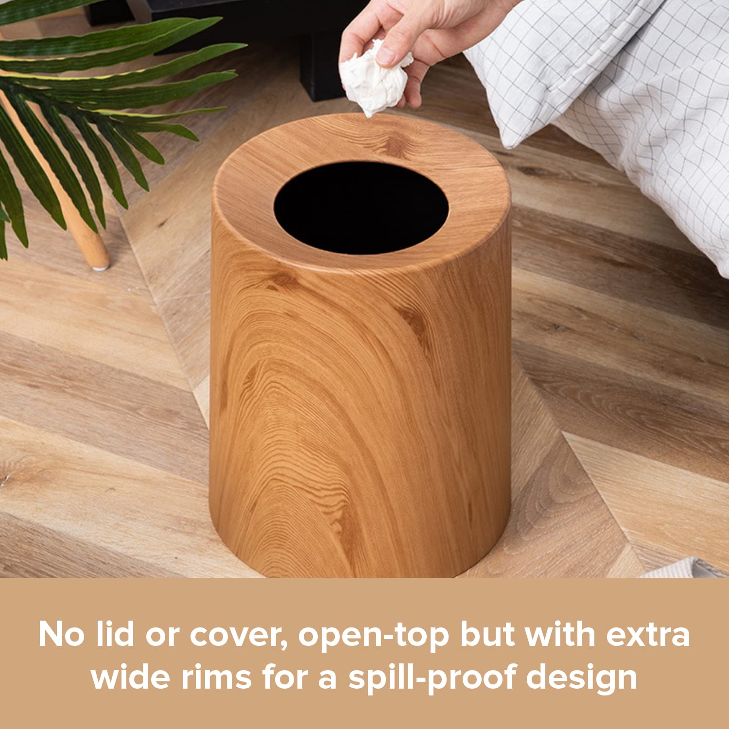 Anti Spill Wood Style Waste Basket - Kids and Pet Proof Garbage Container - Open Top Indoor Outdoor Trash Can - 12L/3.2Gal Capacity - Patio Garbage Can - Round Sleek Garbage Bin - 10inx10inx12in