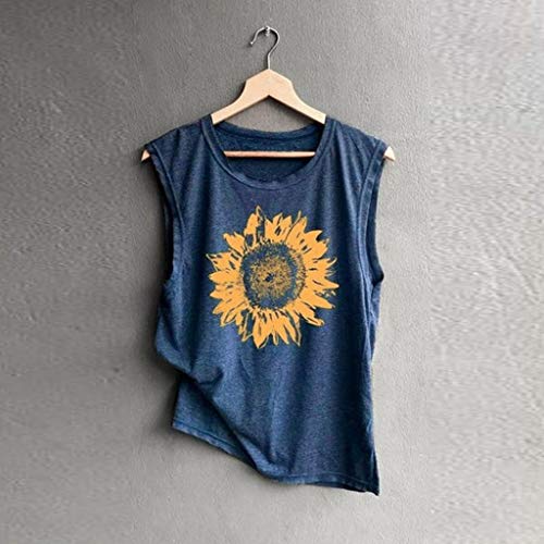 YOMXL Sunflower Printed Tank Tops Womens Crew Neck Sleeveless Vest Boyfriend Style Tee Navy