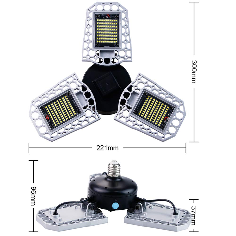 80W Deformable LED Ceiling Garage Lamp, Waterproof and Anti-Leakage Garage Lights with Automatic Light Control Sensor, with 3 Adjustable Panels, E27/E26 9600LM 6000K Daylight for Warehouse Barn (80)