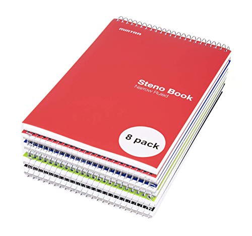 Mintra Office Steno Book - (Primary Colors, 8 Pads/Pack, Narrow Ruled) - 6inx9in, 100 Sheets per pad, POLY Cover, notebook for writing notes in school, university, college, work, office