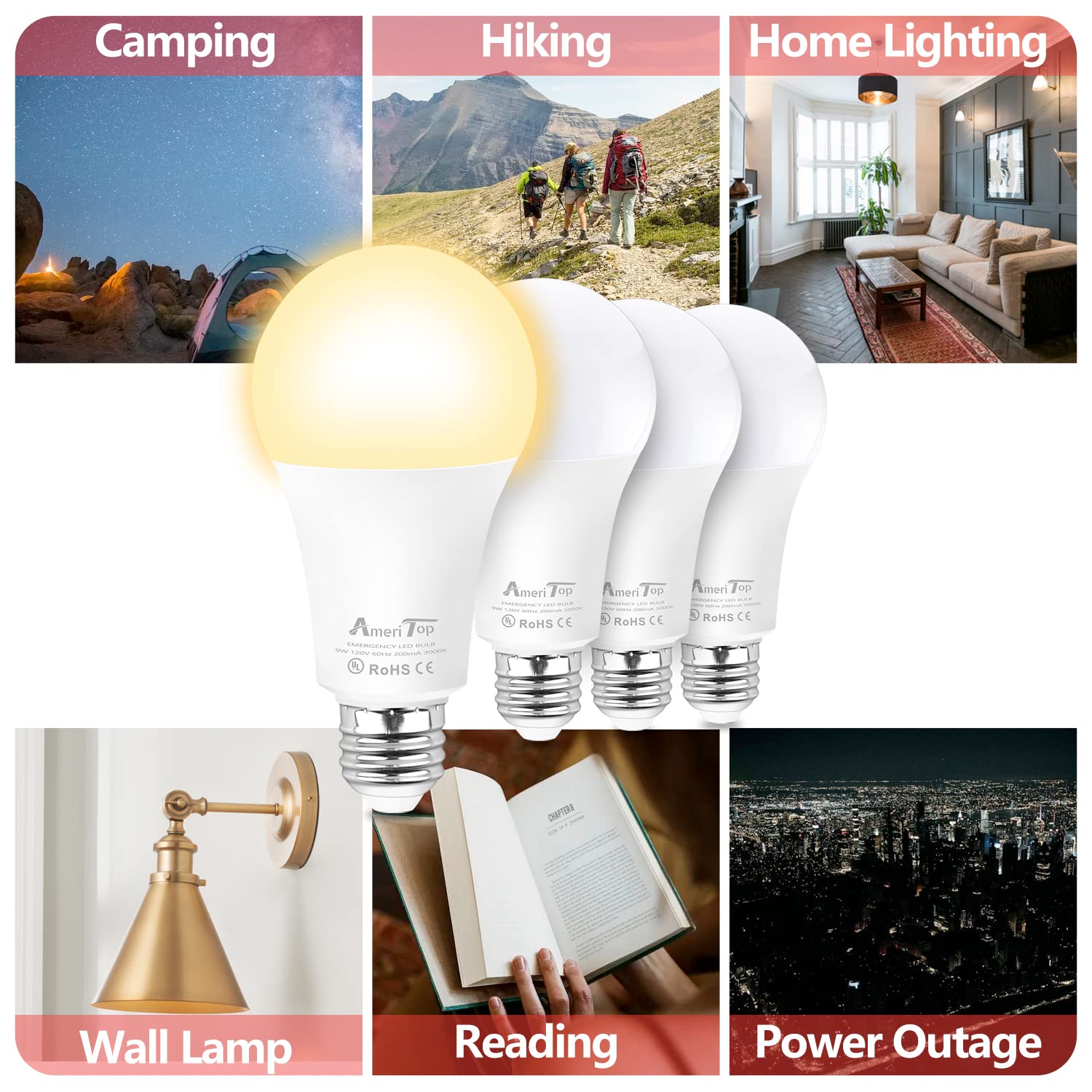 AmeriTop Rechargeable Emergency LED Light Bulb - 2 Pack A19 Battery LED Bulbs for Power Outage Camping Outdoor Activity Hurricane 850 Lm 9W 60W Equivalent E26 Base Lighting Bulb (3000K Warm White)