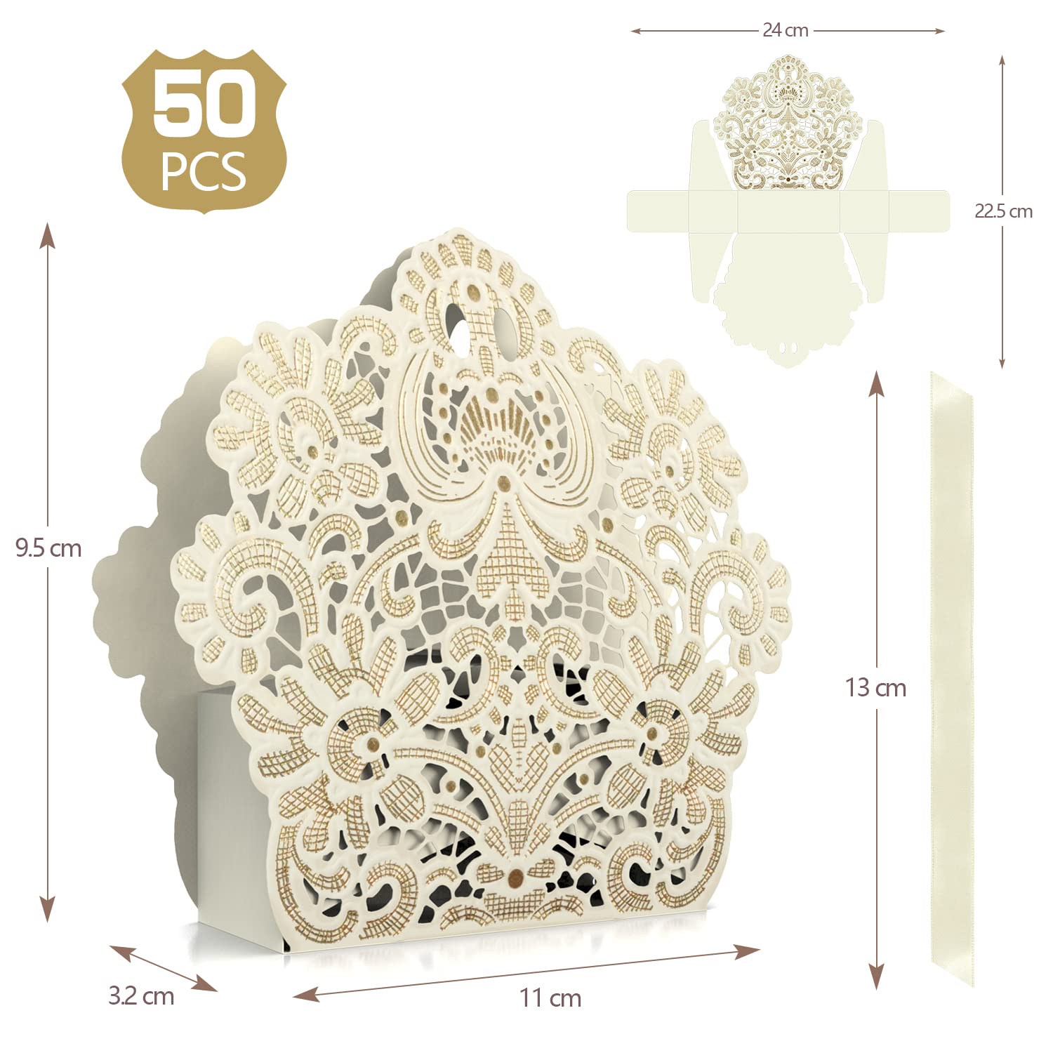 Maykah 50 Packs Candy Boxes for Wedding Favor, Flower Gift Box Candy Box with Ribbons for Bridal Shower Wedding Party Anniversary Favors, Off White
