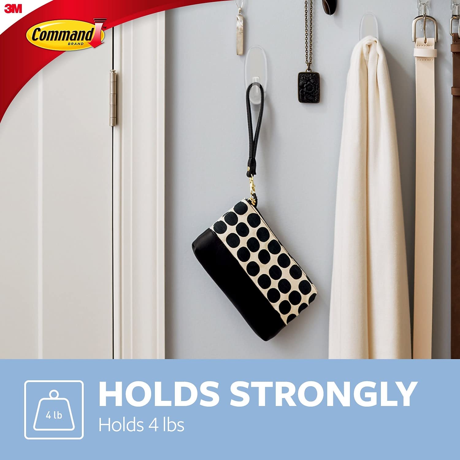 3M Command 17093CLRES Adhesive Hanging Hook, Large, Holds 4lbs., Clear