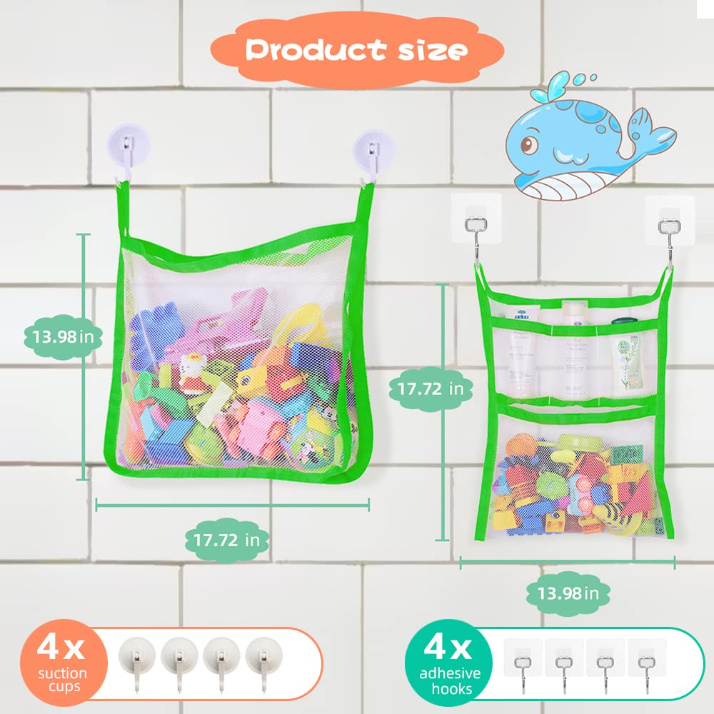 Bath Toy Organizer, SUNDOKI Toy Holder Storage Bags 2 Bath Toy Nets with and 8 Hooks for Kids, Toddlers and Adults (Green)