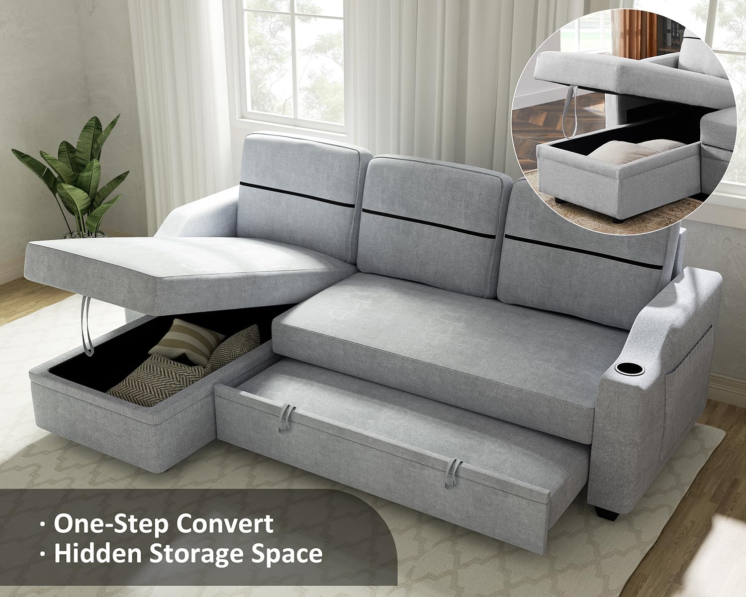Ucloveria Reversible Sectional Sofa Couch, Sleeper Sofa Bed with Storage Chaise Pull Out Couch Bed for Living Room | Hidden Stroge | Side Pocket | Sofa Cup Holder | Removable Backrest | Linen Fabric