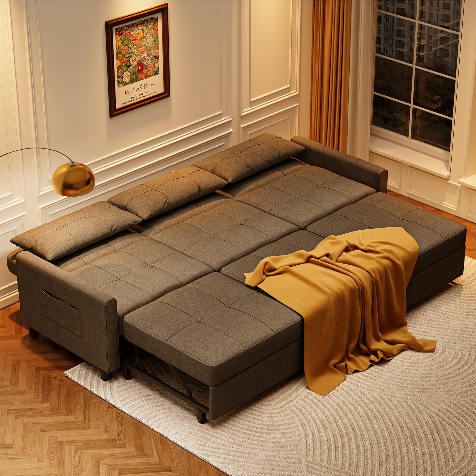Aiho 84 Inch Convertible Sectional Sleeper Sofa, Pull Out Sofa Bed with Adjustment Backrest & Ottoman, Sectional Couch Bed for Living Room, Guest Room, Dark Grey