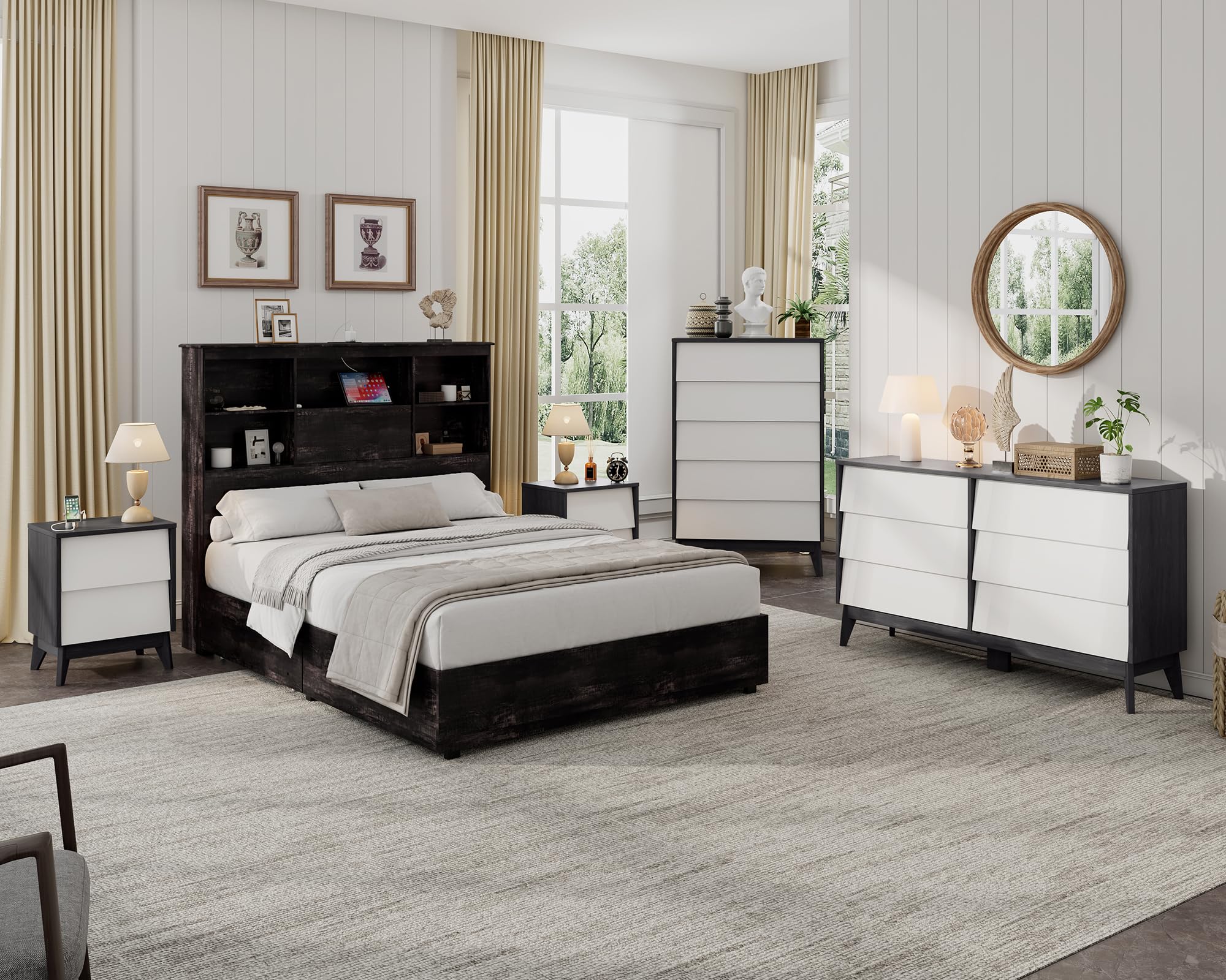 AMERLIFE Nightstands Set of 2, Mid-Century End Side Table with Beveled Drawers & Charging Station, Modern Storage Cabinet for Bedroom, Office, White & Black Walnut