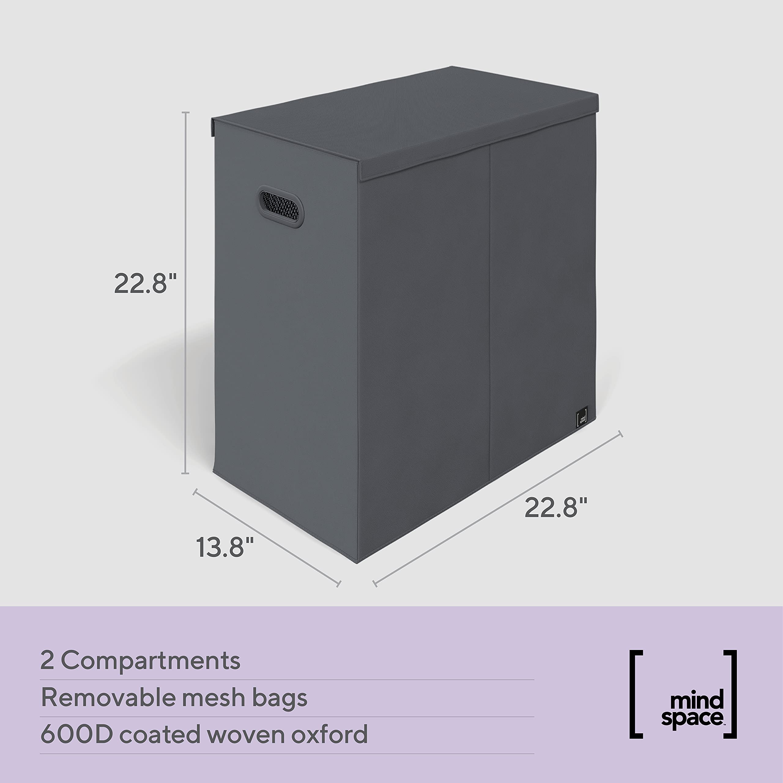Double Laundry Hamper with Lid and Removable laundry Bags, Dirty Clothes Hamper - Collapsible Laundry Bin with 2 Compartment for Laundry Room, Bedroom, Bathroom, College Dorm, Oxford Collection, Grey