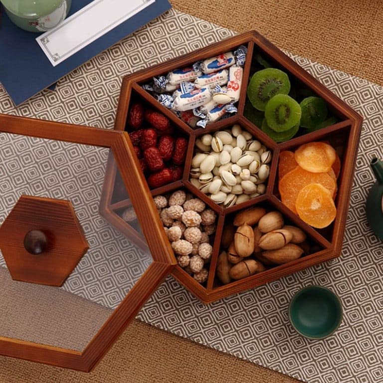 Wooden Dried Fruit Box, Multifunction Snack Storage Container Sectional Tray with Clear Window on the Lid, 7 Compartments Party Serving Platter for Candy/Nut/Sweets Cookies