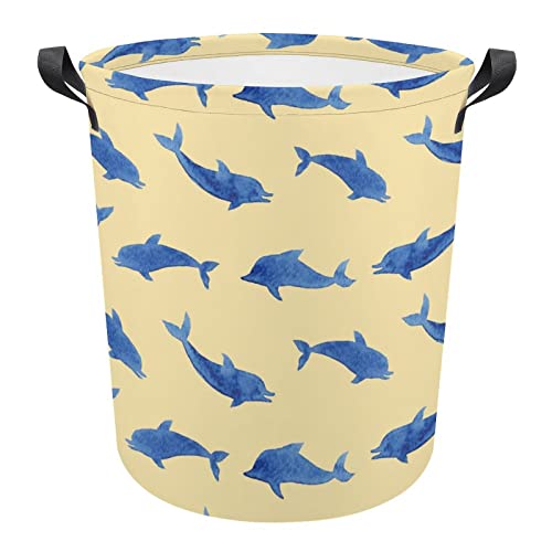 Dolphins Pattern Foldable Laundry Basket Waterproof Hamper Storage Bin Bag with Handle 16.5"x 16.5"x 17"
