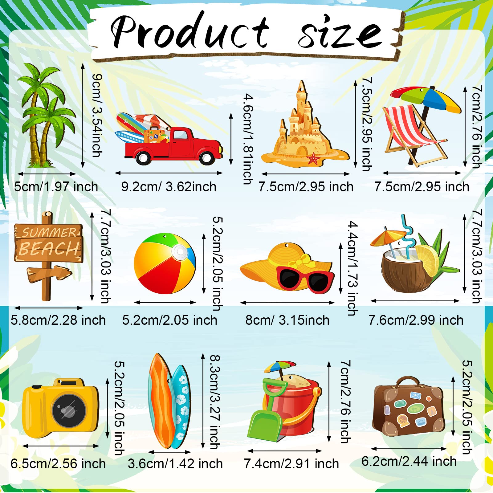 36 Pcs Summer Wood Hanging Ornaments Summer Ornaments for Tree Summer Tree Decorations Hawaiian Beach Wooden Pendant Decorations with String for Luau Party Supplies (Beach)
