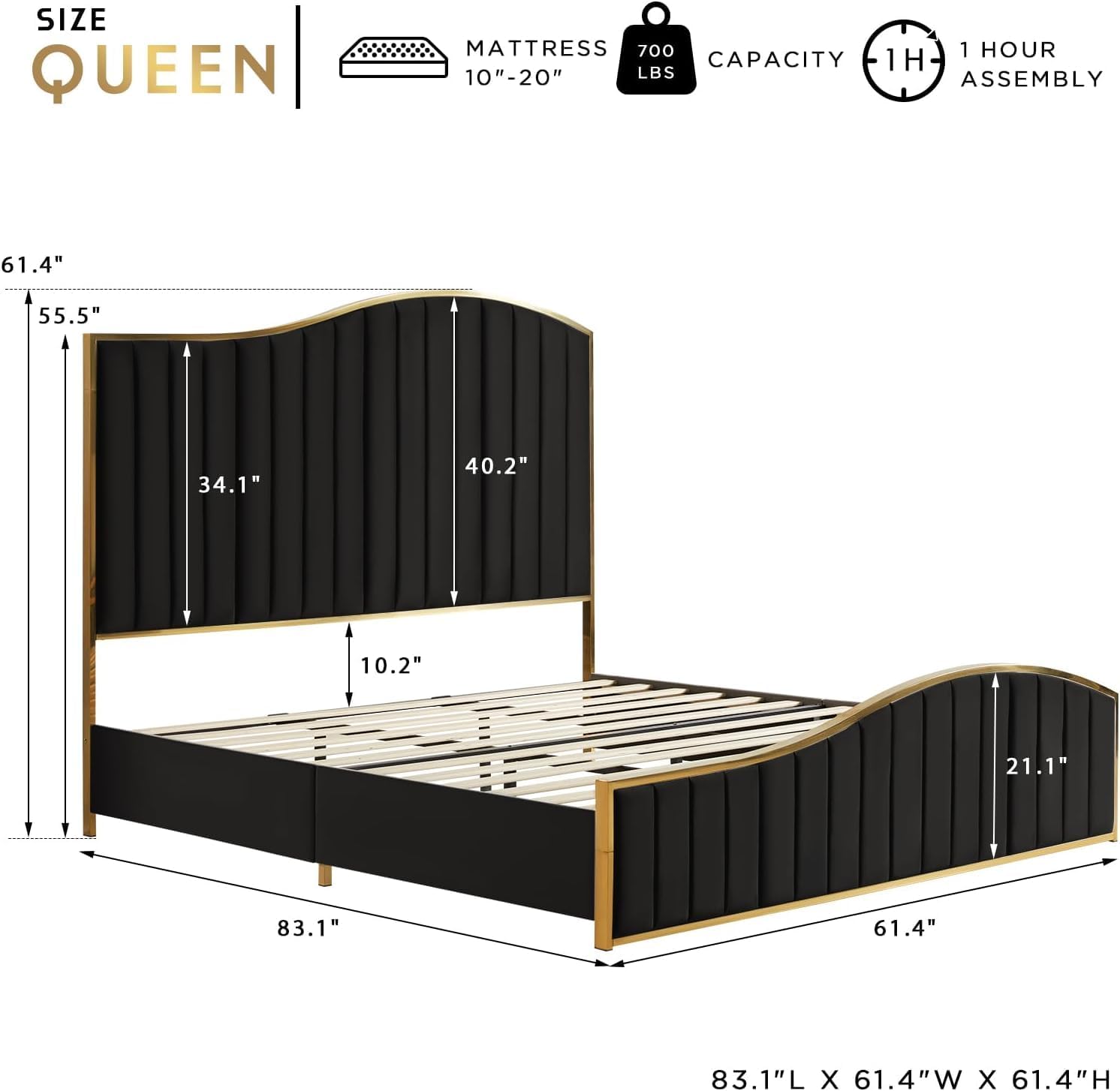 AMERLIFE Queen Size Bed Frame, 61.4" High Headboard Platform Bed Velvet Upholstered with Gold Trim & Footboard/Wooden Slats/No Box Spring Required/Black