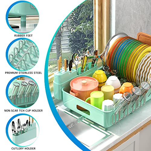 ADBIU Large Dish Drying Rack with Drainboard Set(12.8" - 20") Expandable Compact Dish Drainer, 1 Piece Cyan