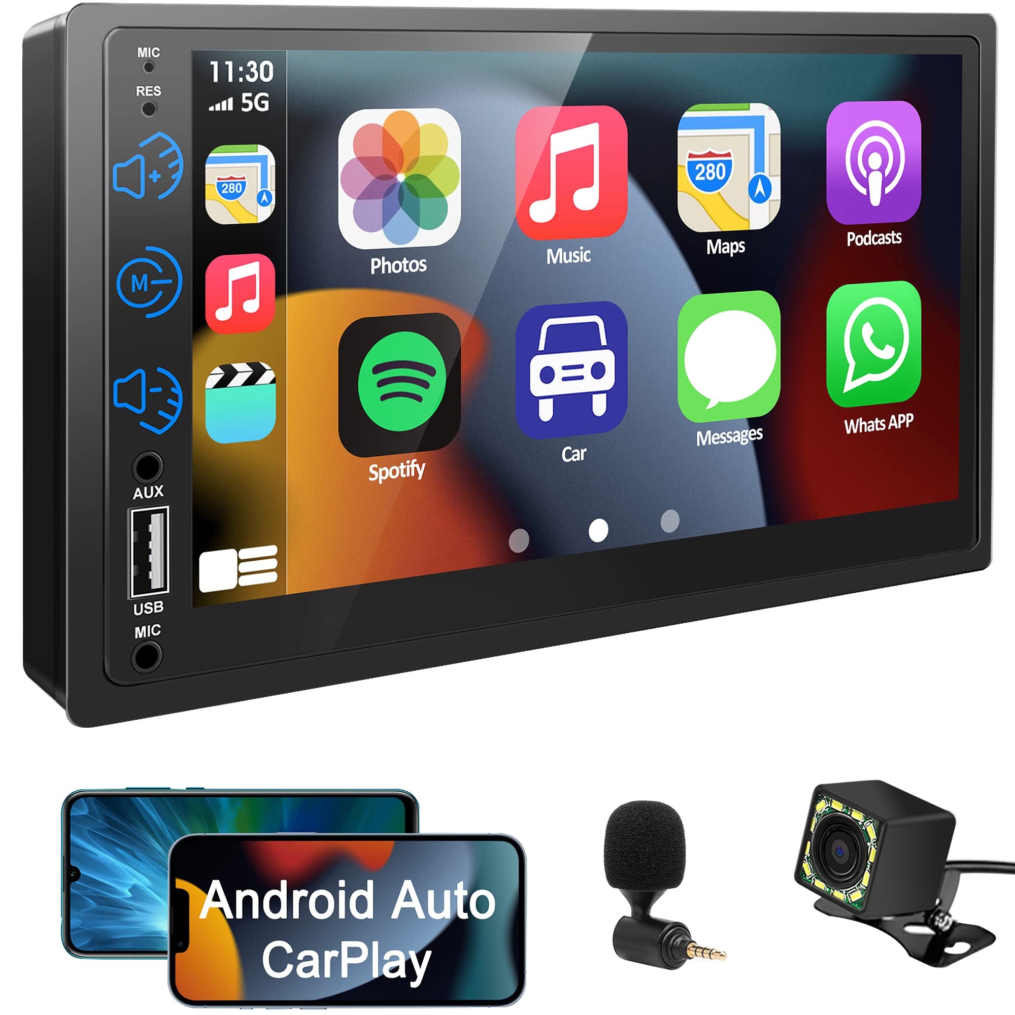 Double Din Car Stereo Radio Voice Control Apple Carplay & Android Auto,7 Inch Touchscreen Car Stereo,Car Radio Multimedia Player Bluetooth 5.2,Mirror Link,Backup Camera,Subwoofer, AM/FM Radio Receiver