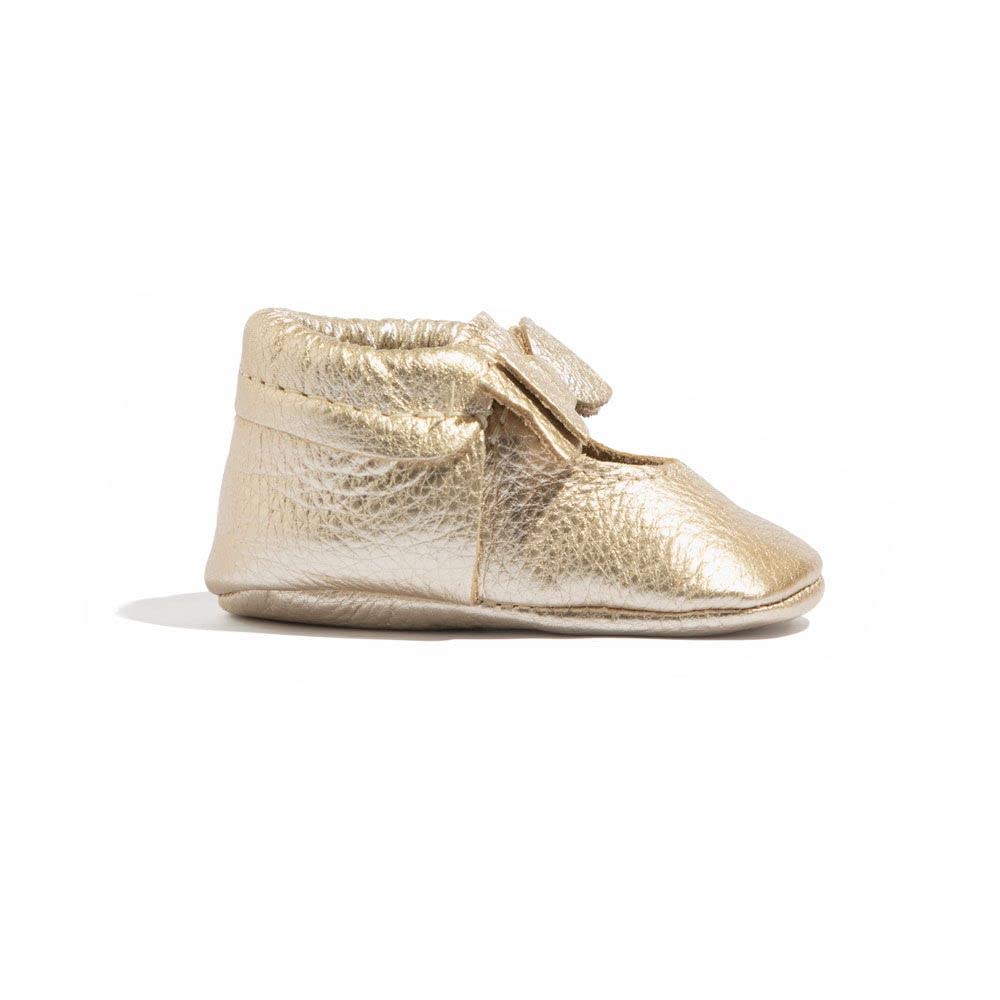 Freshly Picked Soft Sole Leather Ballet Flat Bow Moccassins - Baby Girl Shoes - Platinum - Size 4