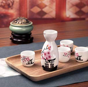 ABuff Japanese Sake Set, 1 Tokkuri Bottle & 4 Ochoko Cups, Spring Blossoms Ceramic Sake Set- Microwave and Dishwasher Safe