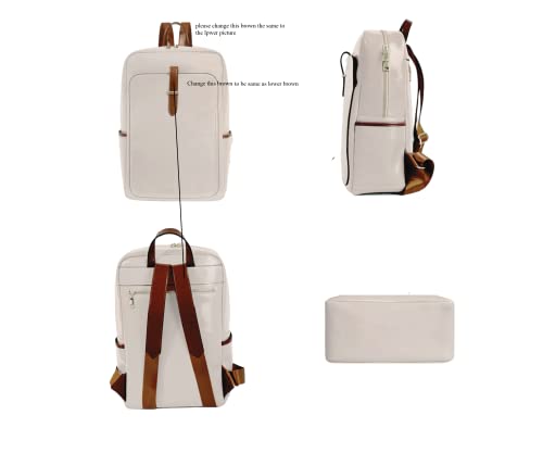 ARKIA Women's Genuine Leather Large Laptop Backpack - College Travel Business Daypack (Beige)