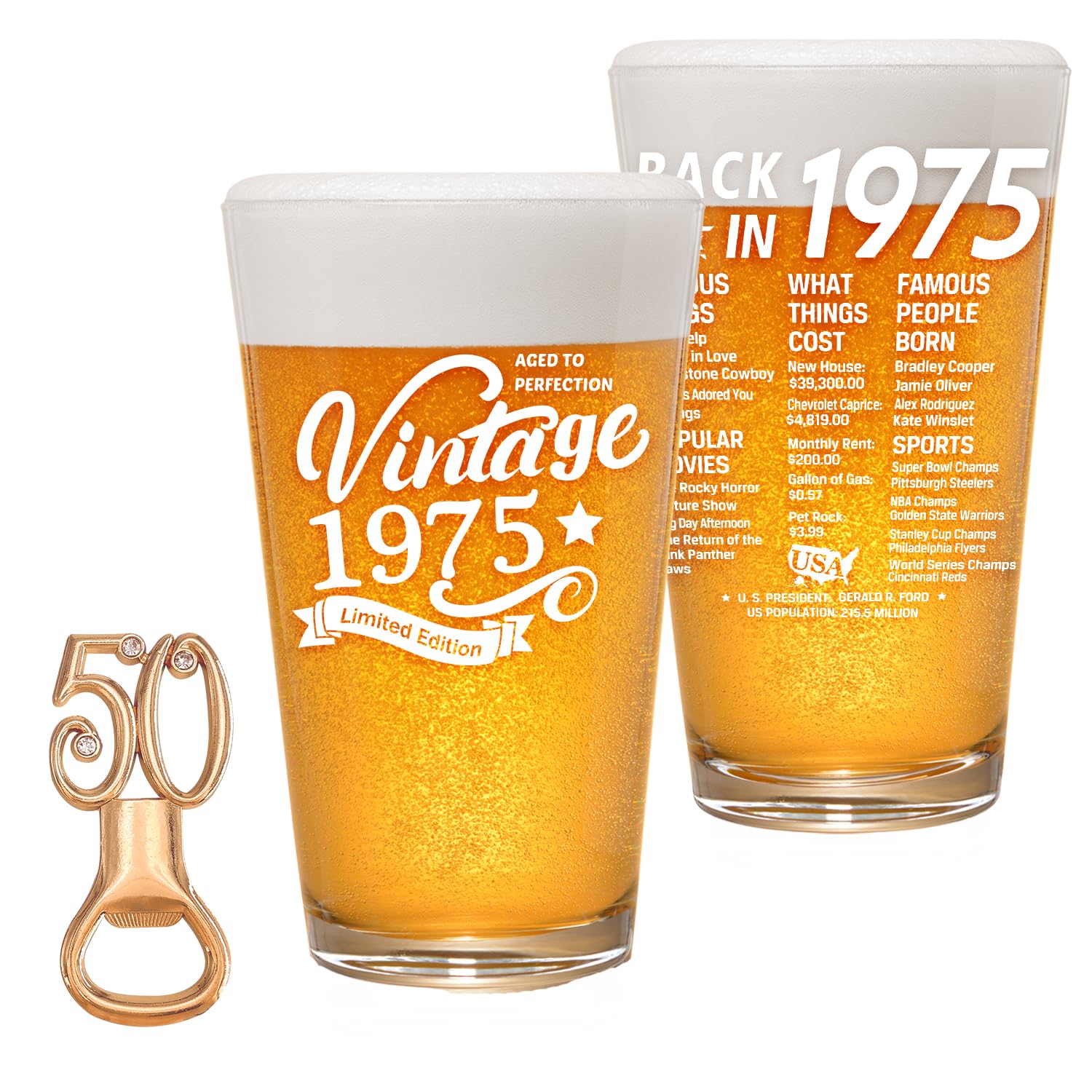 Vintage 1975 Old Time Information 50th Birthday Gifts for Men Women Beer Glass Funny 50 Year Old Presents - 16 oz Pint Glasses Party Decorations Supplies-50 Year Old Birthday Party Decorations