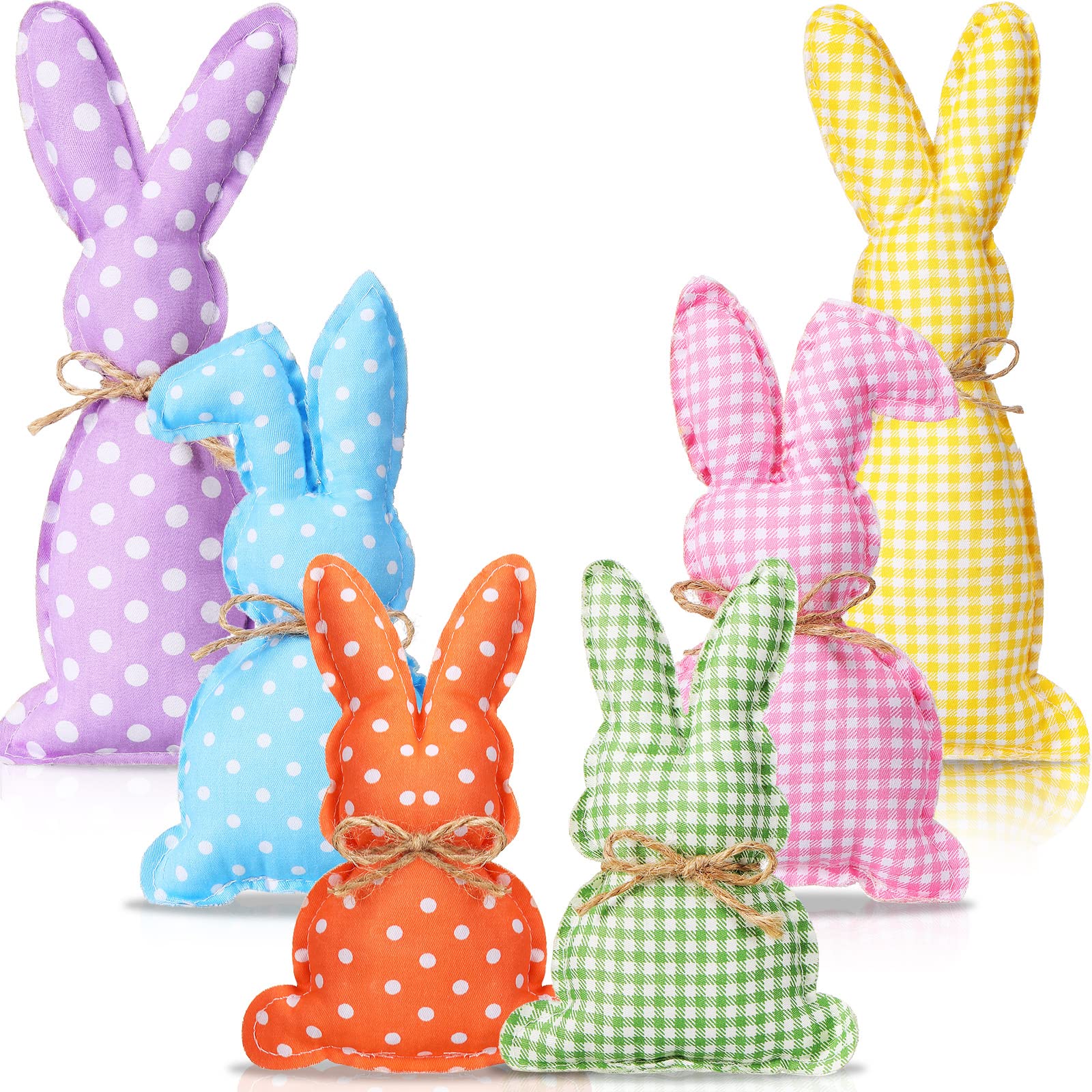6 Pcs Rustic Easter Bunny Decor Farmhouse Stuffed Fabric Bunny Ornament Polka Dot Grid Easter Basket Bowl Fillers for Tiered Tray Desk Table Top Wedding Home Easter Centerpiece Decoration (Dark)