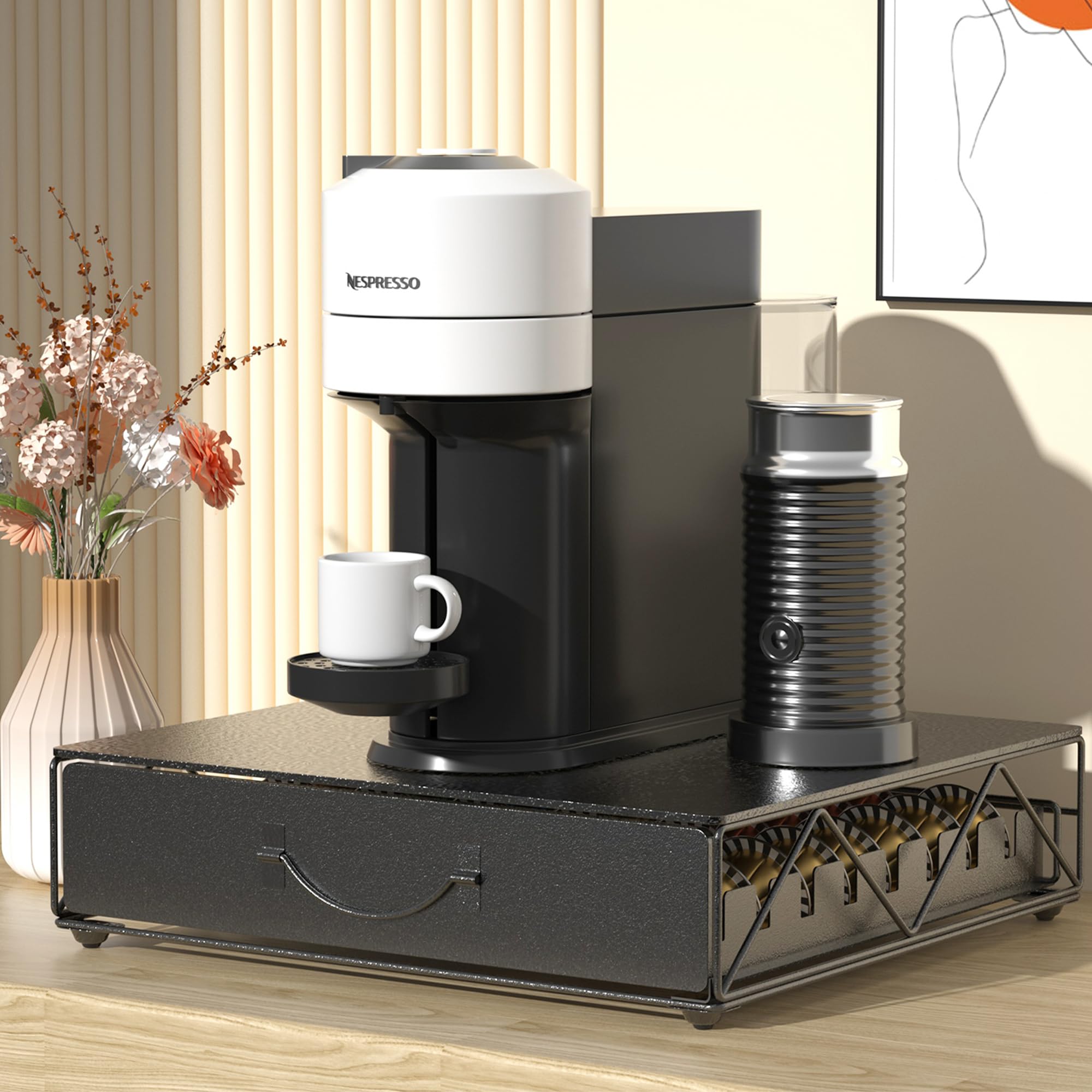 HFHOME Coffee Pod Drawer, 48 Vertuoline Coffee Pods Holder, Pods Storage Drawer Holder for 36 K Cup, Metal Coffee Station for Nespresso Vertuo Capsules for Home Office Counter, Black