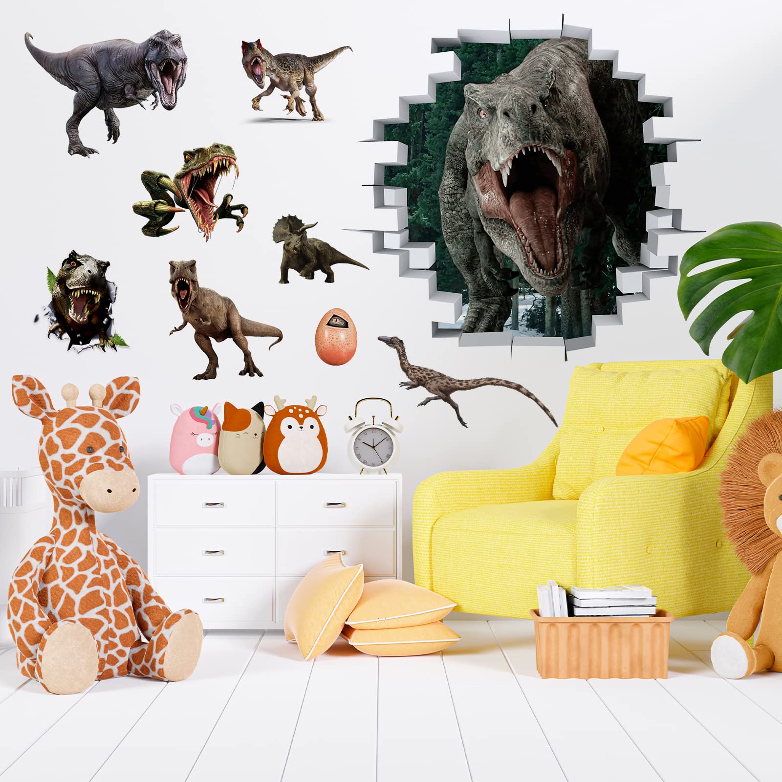 9Pcs Peel Stick Dinosaur Wall Decals,3D Dinosaur breaked Wall Stickers Removable Vinyl Large Dino Stickers for Kids Boys Room (Gold)
